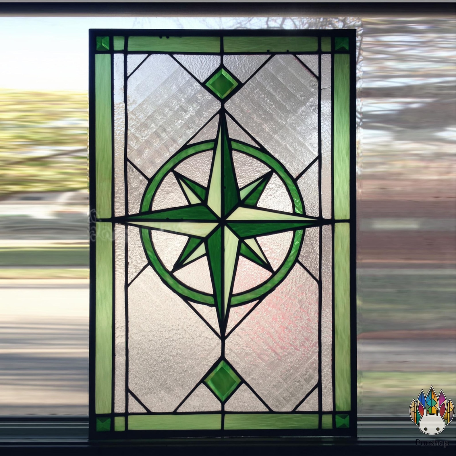 PUN707 Green Compass Rose Stained Glass Window Panel – Nautical ...