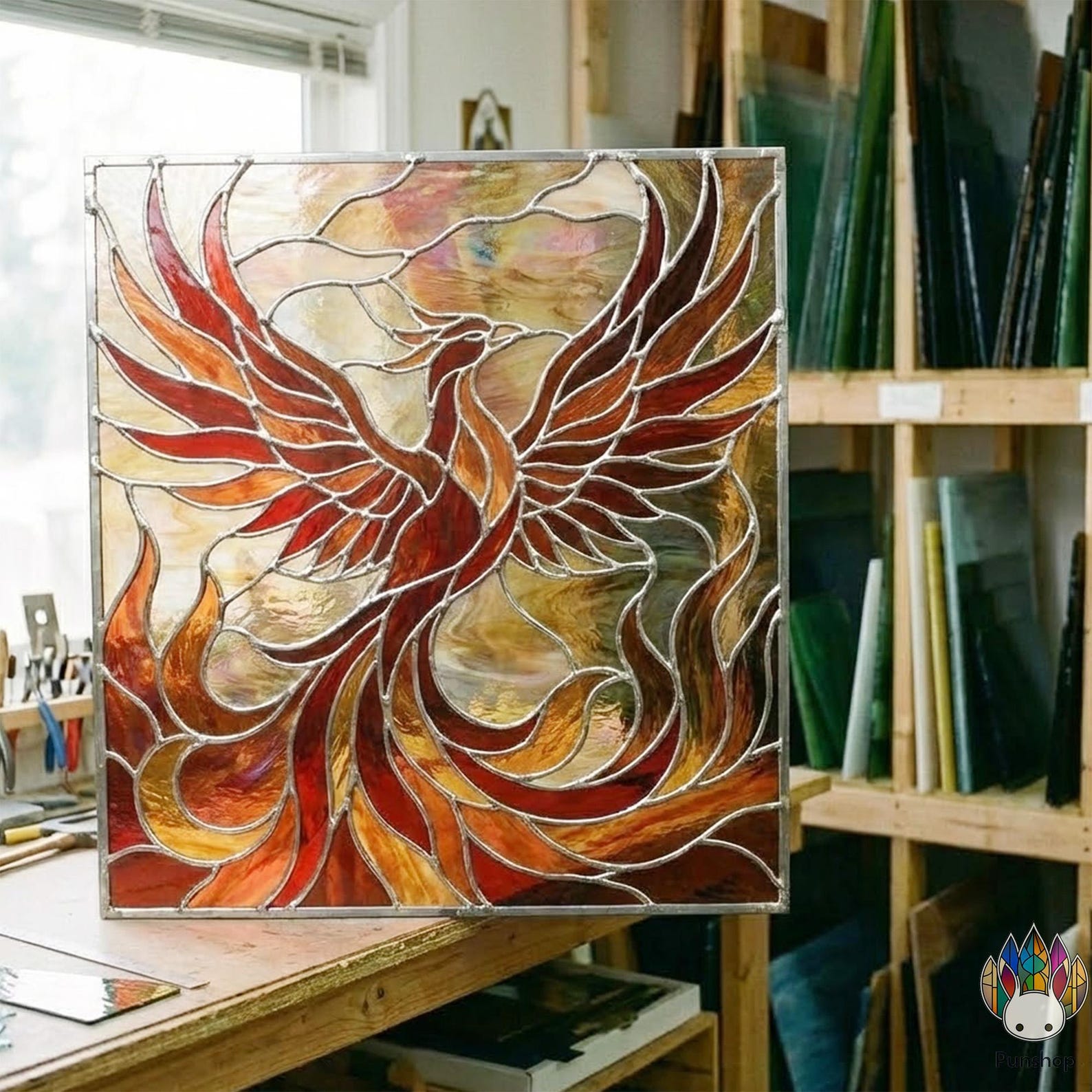 PUN766 Phoenix Stained Glass Pattern, Fire Bird Suncatcher Design ...