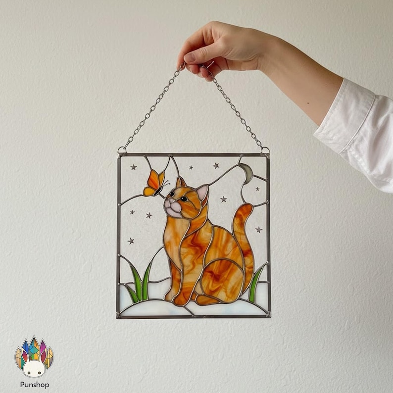PUN842 Ginger Cat Stained Glass Pattern, Cat & Butterfly Window Panel ...