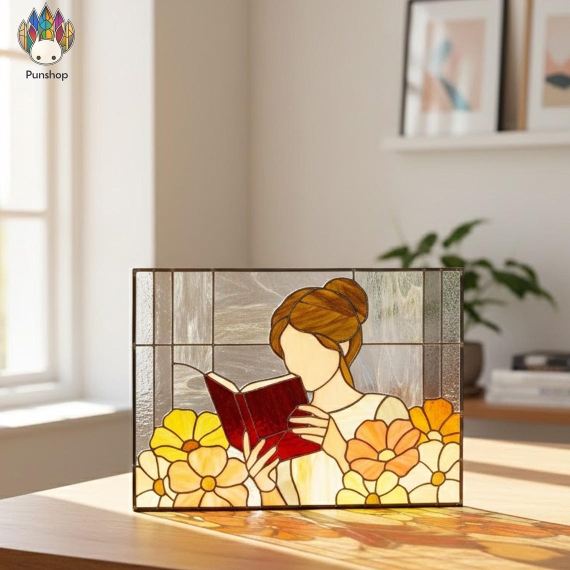 PUN818 Girl Reading Book Stained Glass Pattern, Floral Window Panel ...