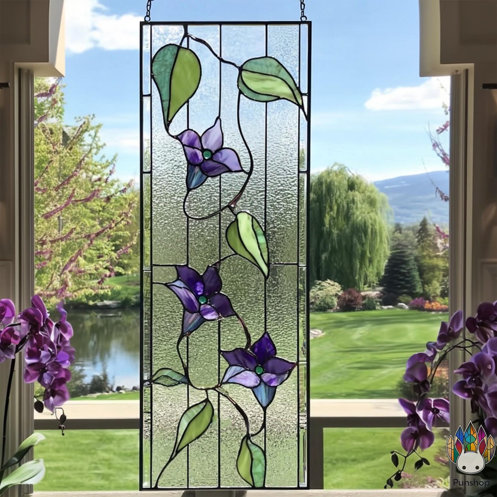 NPUN507 Stained Glass Pattern - Purple Flower Stained Glass Panel ...