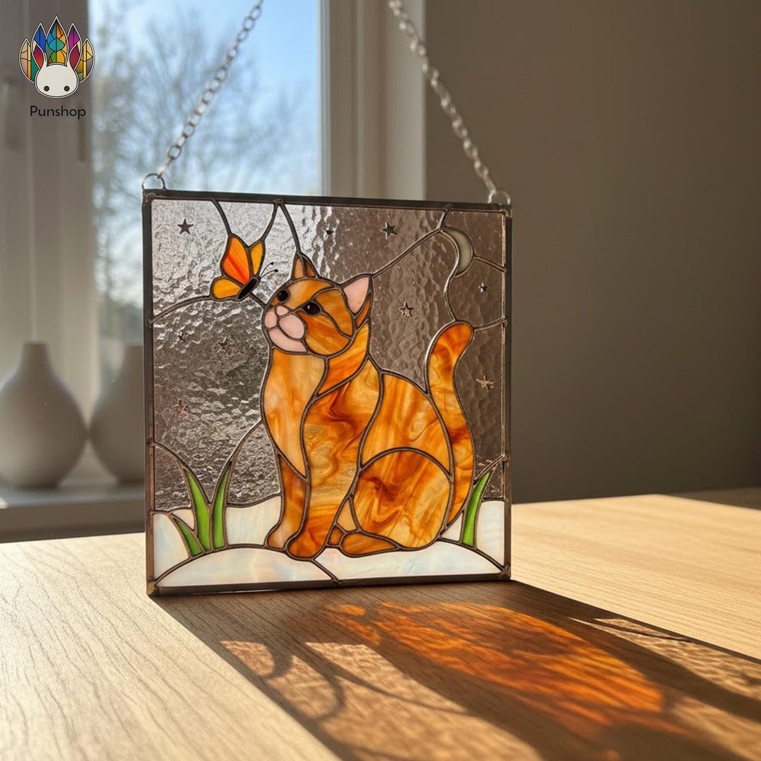 PUN842 Ginger Cat Stained Glass Pattern, Cat & Butterfly Window Panel ...
