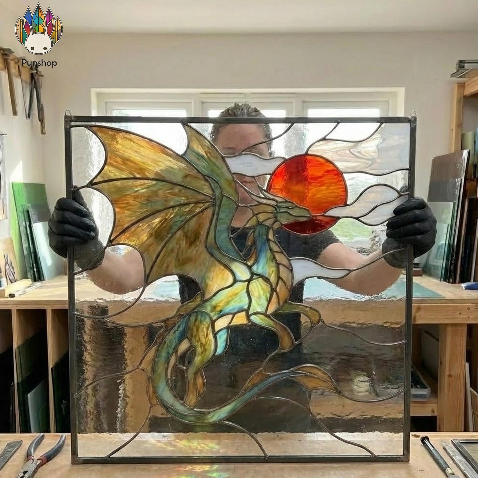PUN752 Stained Glass Dragon Design Pattern, Fantasy Dragon Panel ...