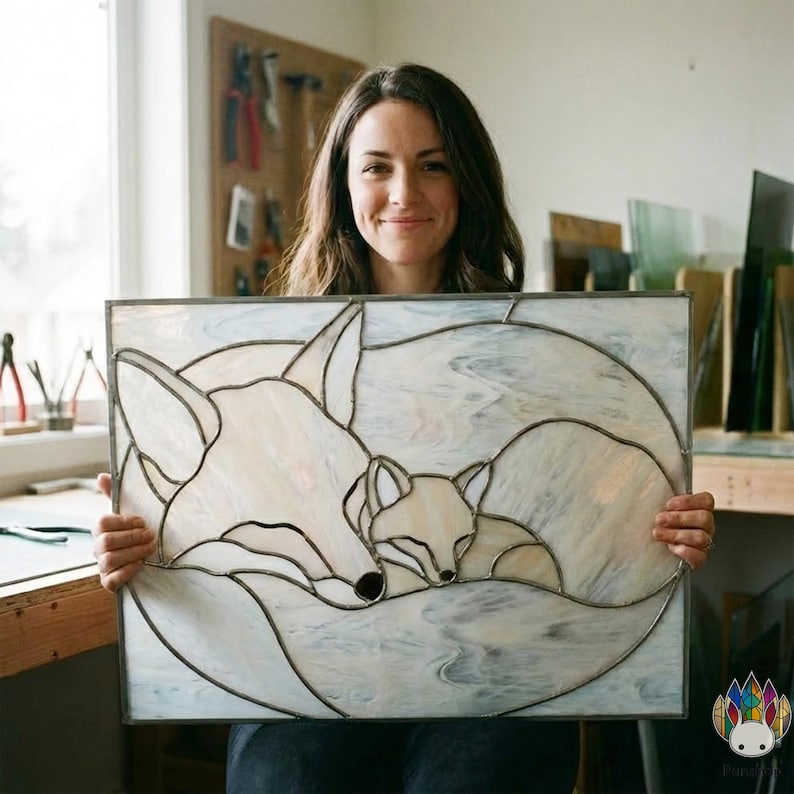 PUN748 Stained Glass Fox Design Pattern, Sleeping Fox Family Panel ...