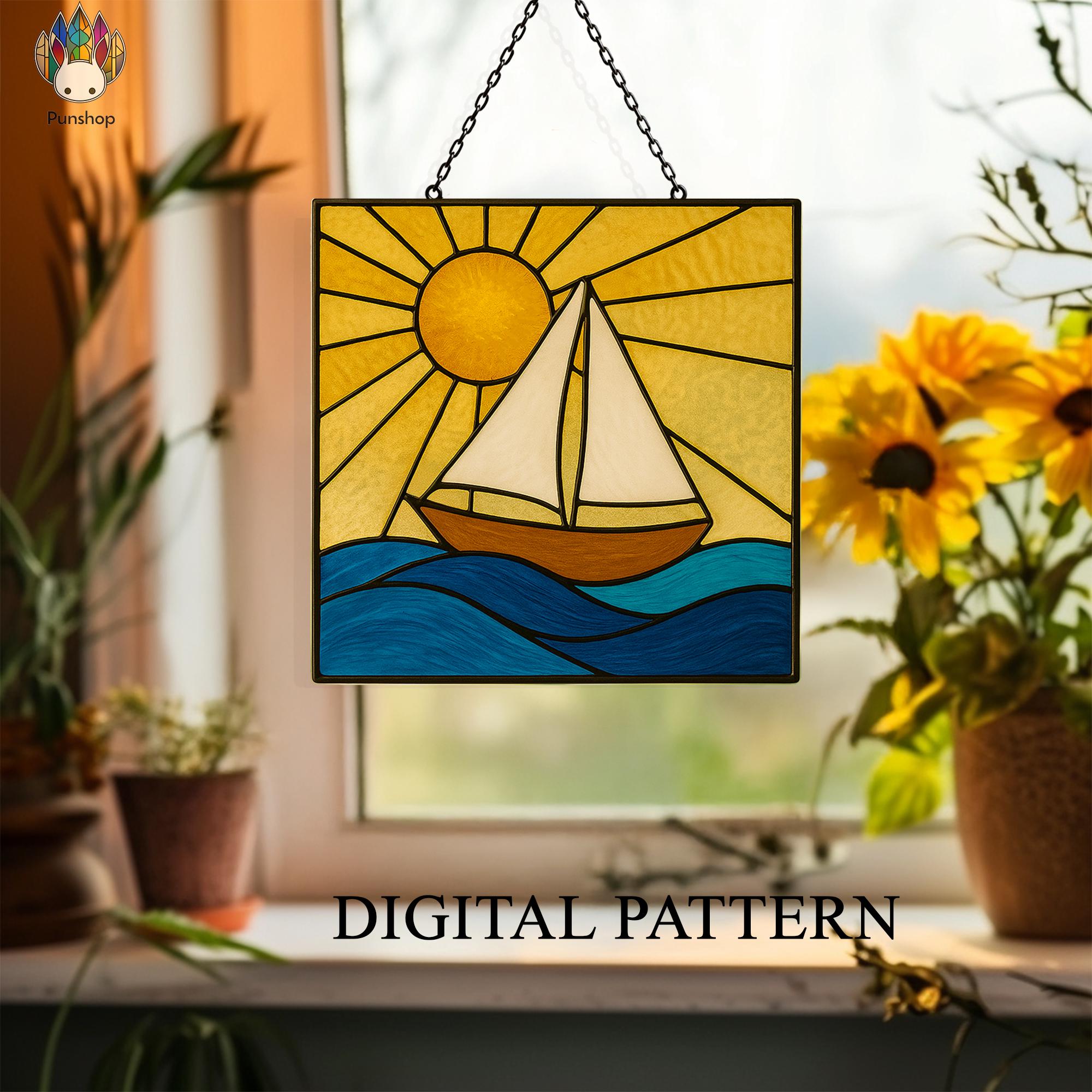 STAINED Glass PATTERN, Sailing Stained Glass Panel Sailboat on the Sea ...