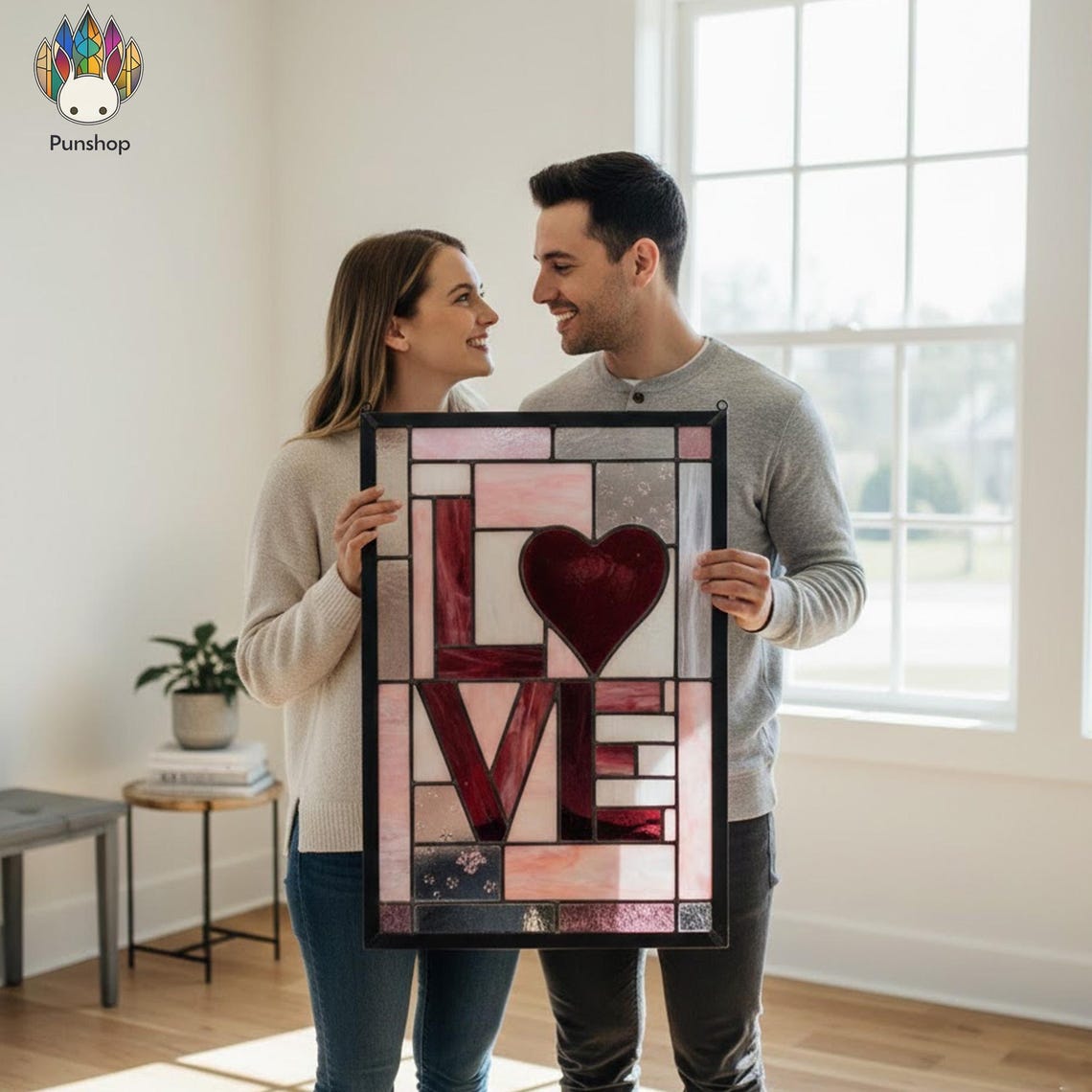PUN799 LOVE Stained Glass Pattern Vertical, Heart Letter Suncatcher ...