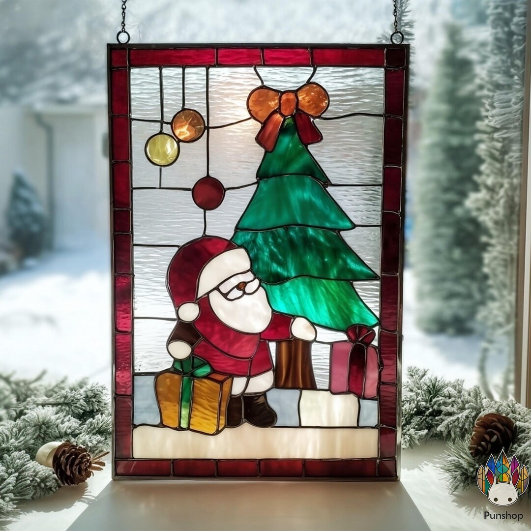 PATTERNS, PUN647 Stained Glass Santa and Christmas Tree Pattern ...