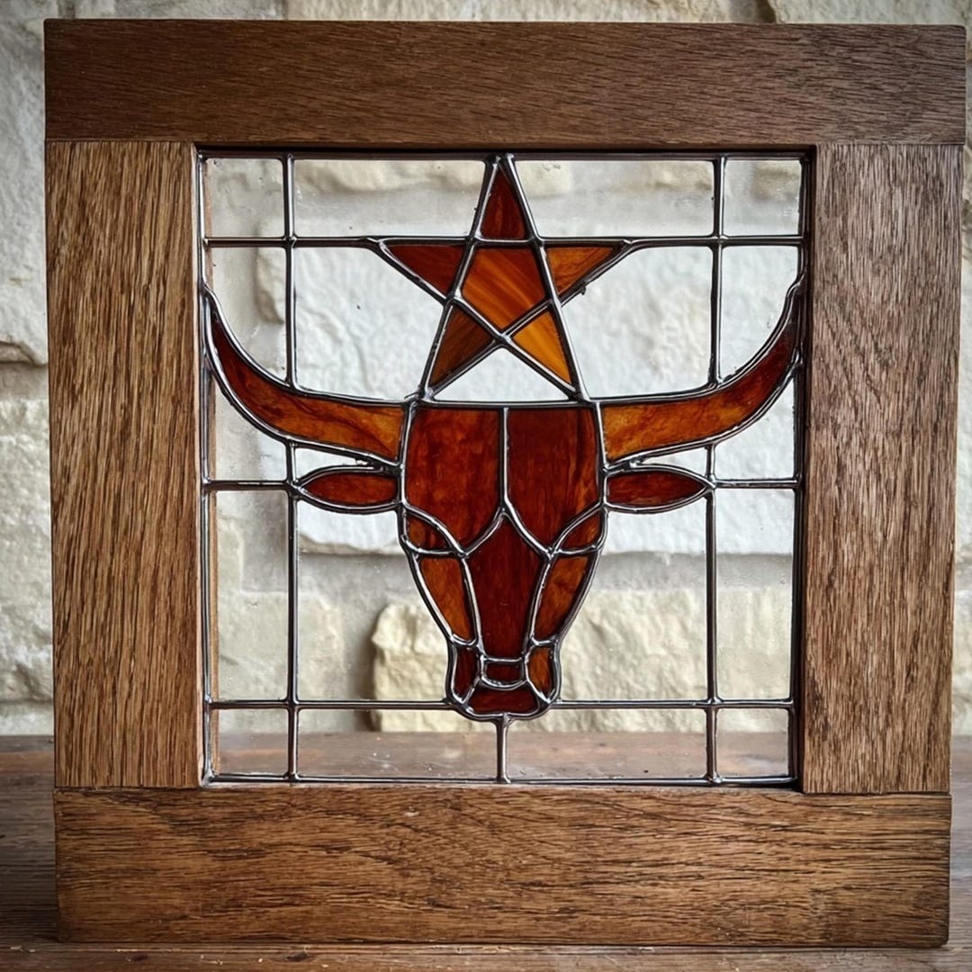 NPUN445 Texas Longhorn Stained Glass Panel With Star | Western Ranch ...
