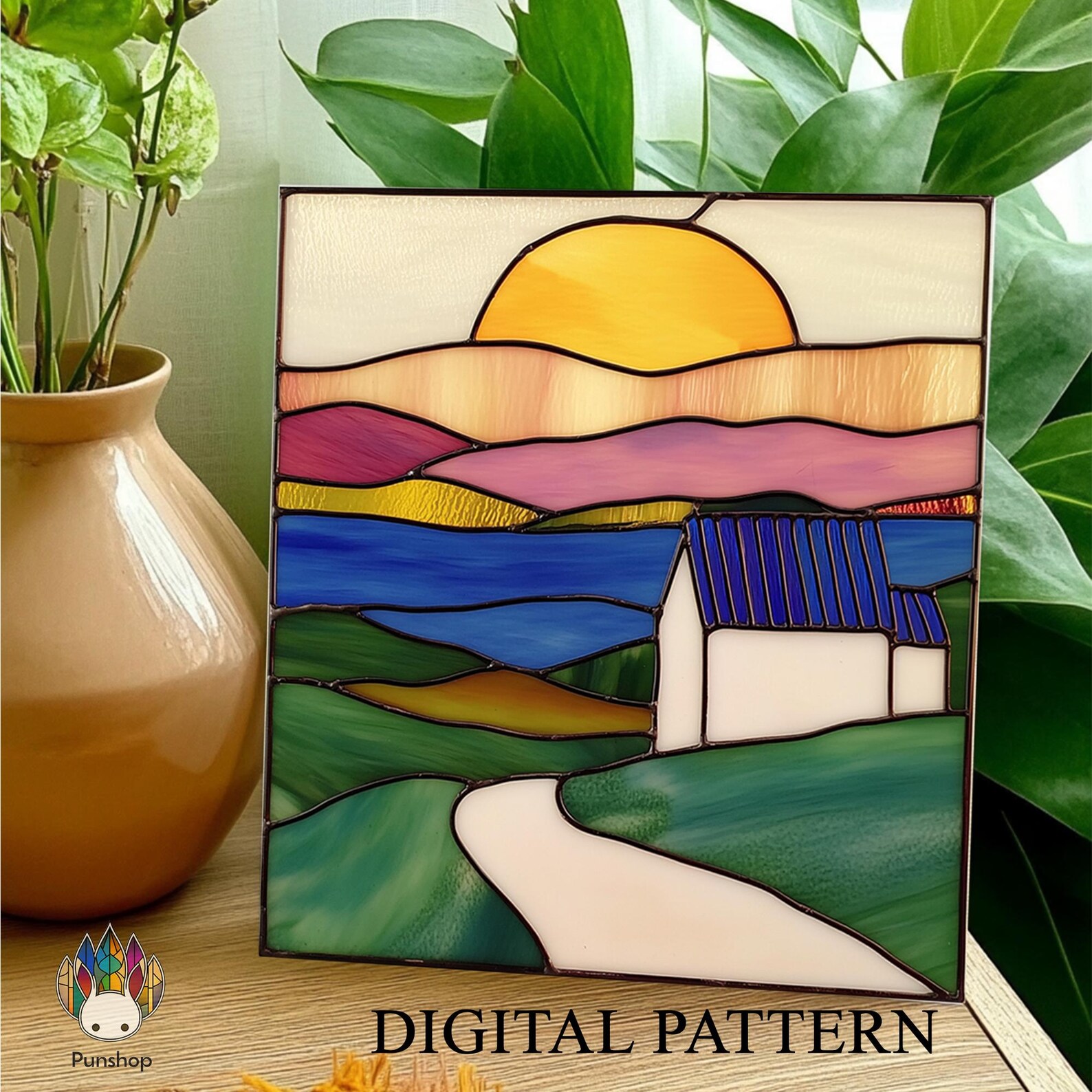 Digital Stained Glass Pattern Artwork Countryside Scene PUN35 , Diy ...