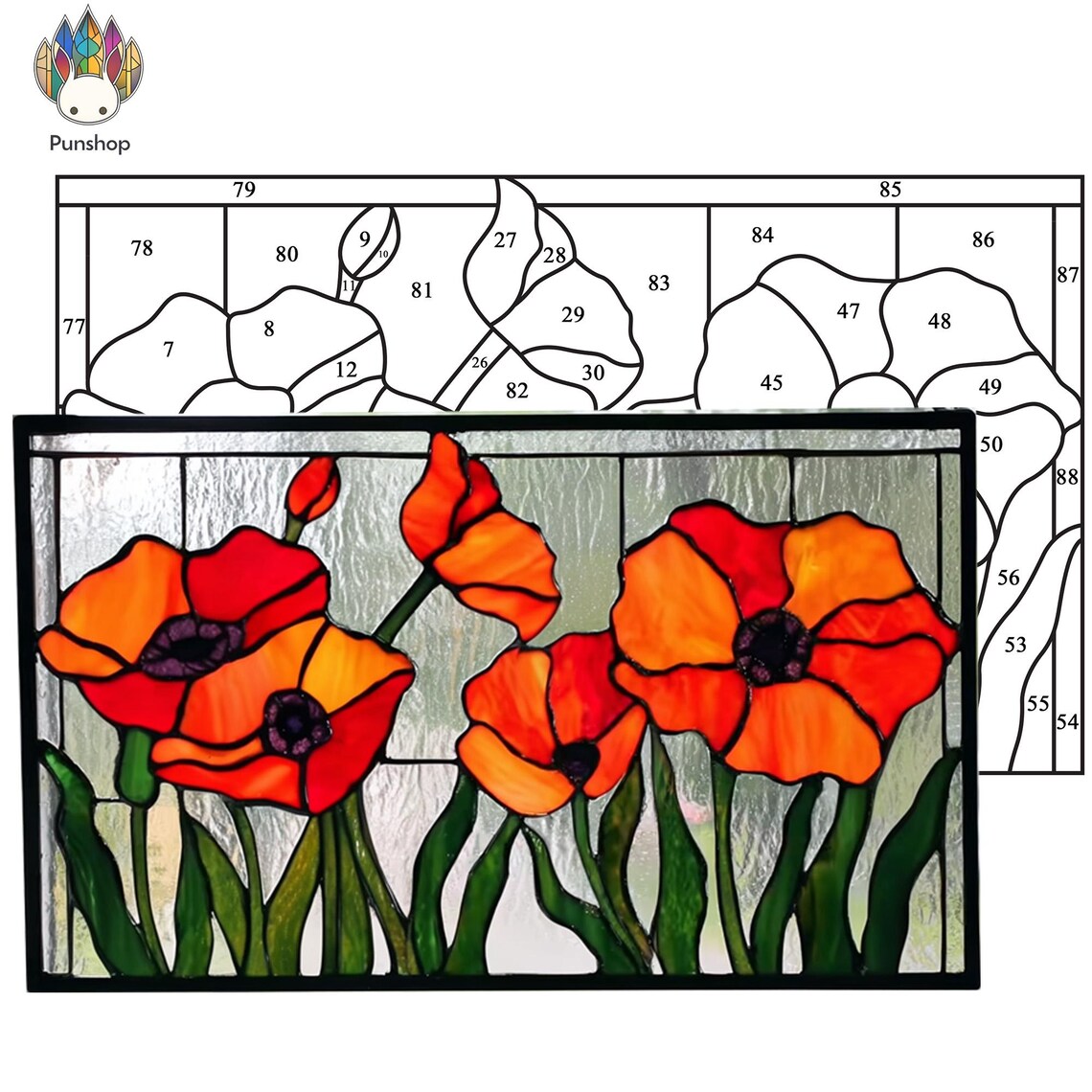 PUN689 Red Poppy Flower Stained Glass Pattern Template for Window Panel ...