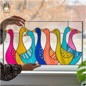 PUN833 Colorful Geese Stained Glass Pattern, Modern Bird Panel Template ...