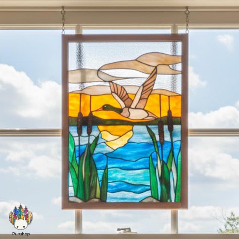 PUN704 Wild Duck Stained Glass Pattern, Flying Duck Lake Sunset Window ...