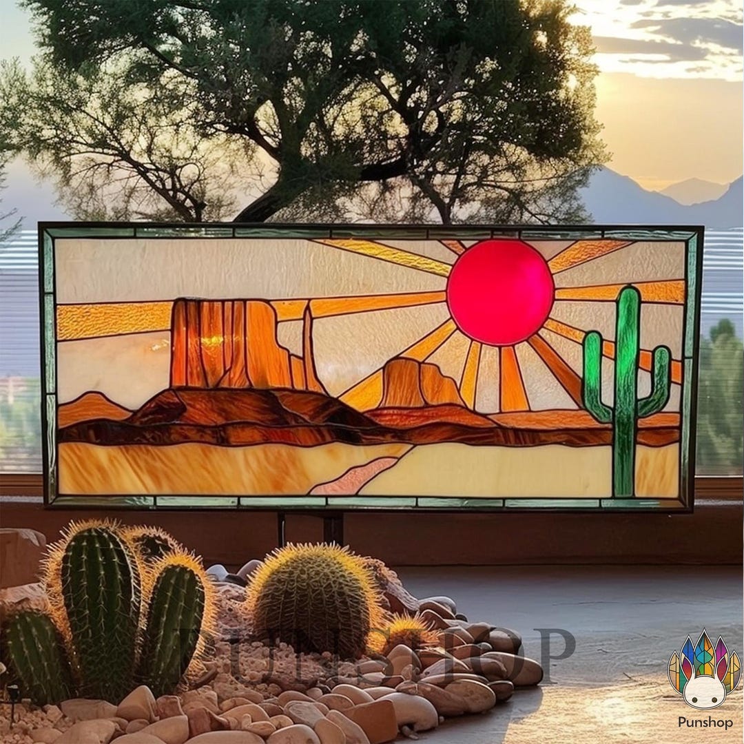Pattern PUN591 Desert Sunset Stained Glass Pattern, Cactus Mountain ...