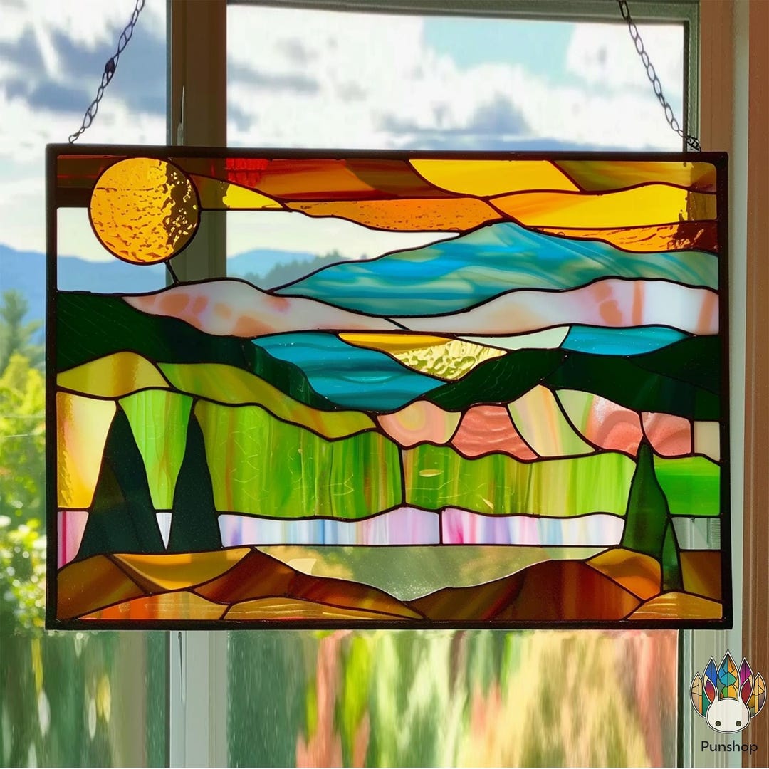 PUN593 Mountain Landscape Stained Glass Pattern, Sun and Nature Scene ...