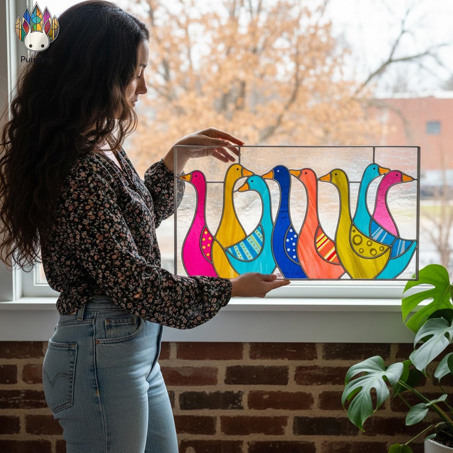 PUN833 Colorful Geese Stained Glass Pattern, Modern Bird Panel Template ...