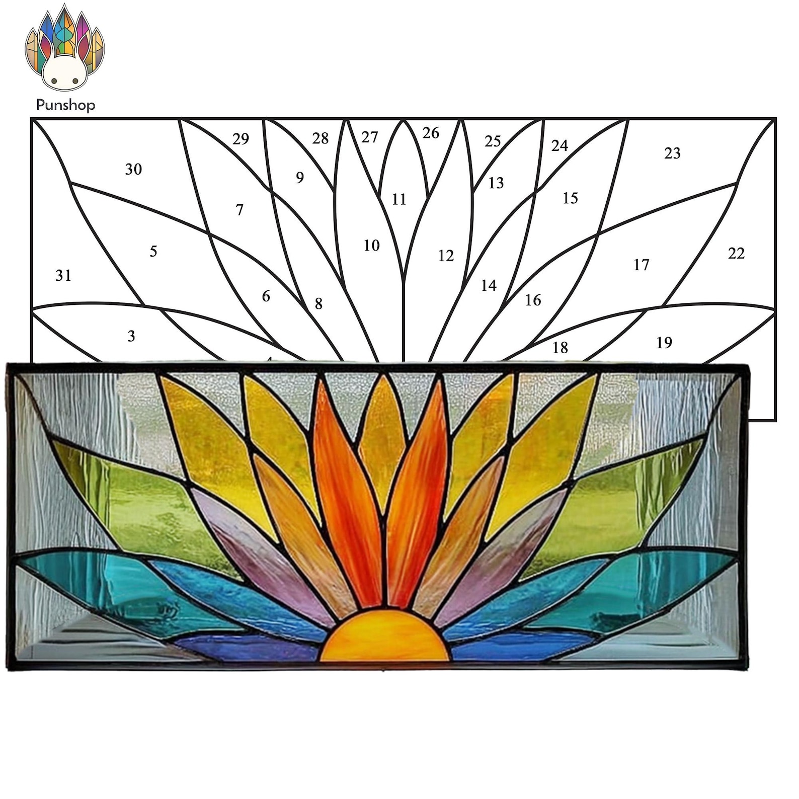 Sunrise Stained Glass Pattern, Radiant Sun Panel Design, Colorful ...