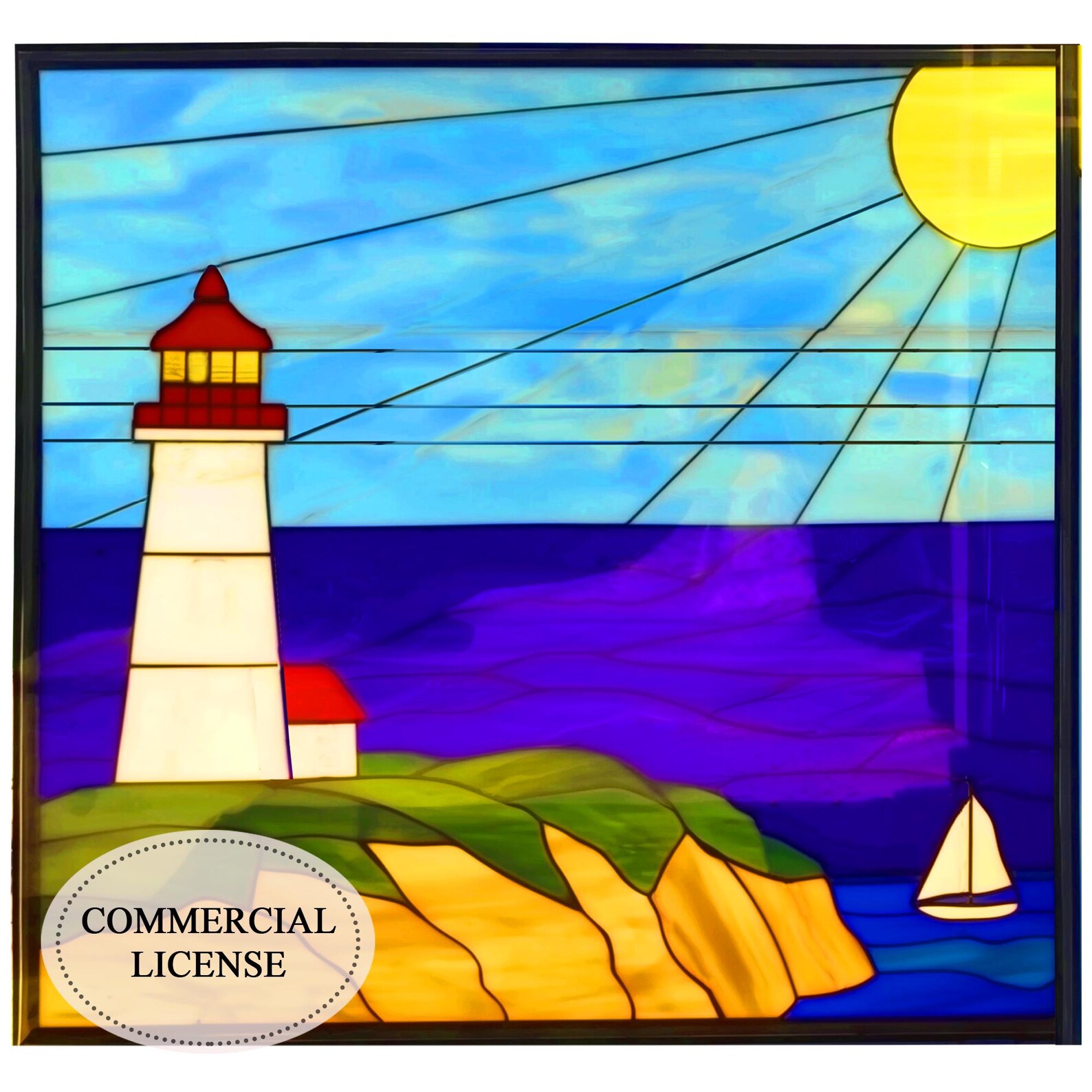 Digital Download Pattern Stained Glass Window of Lighthouse at Sea ...