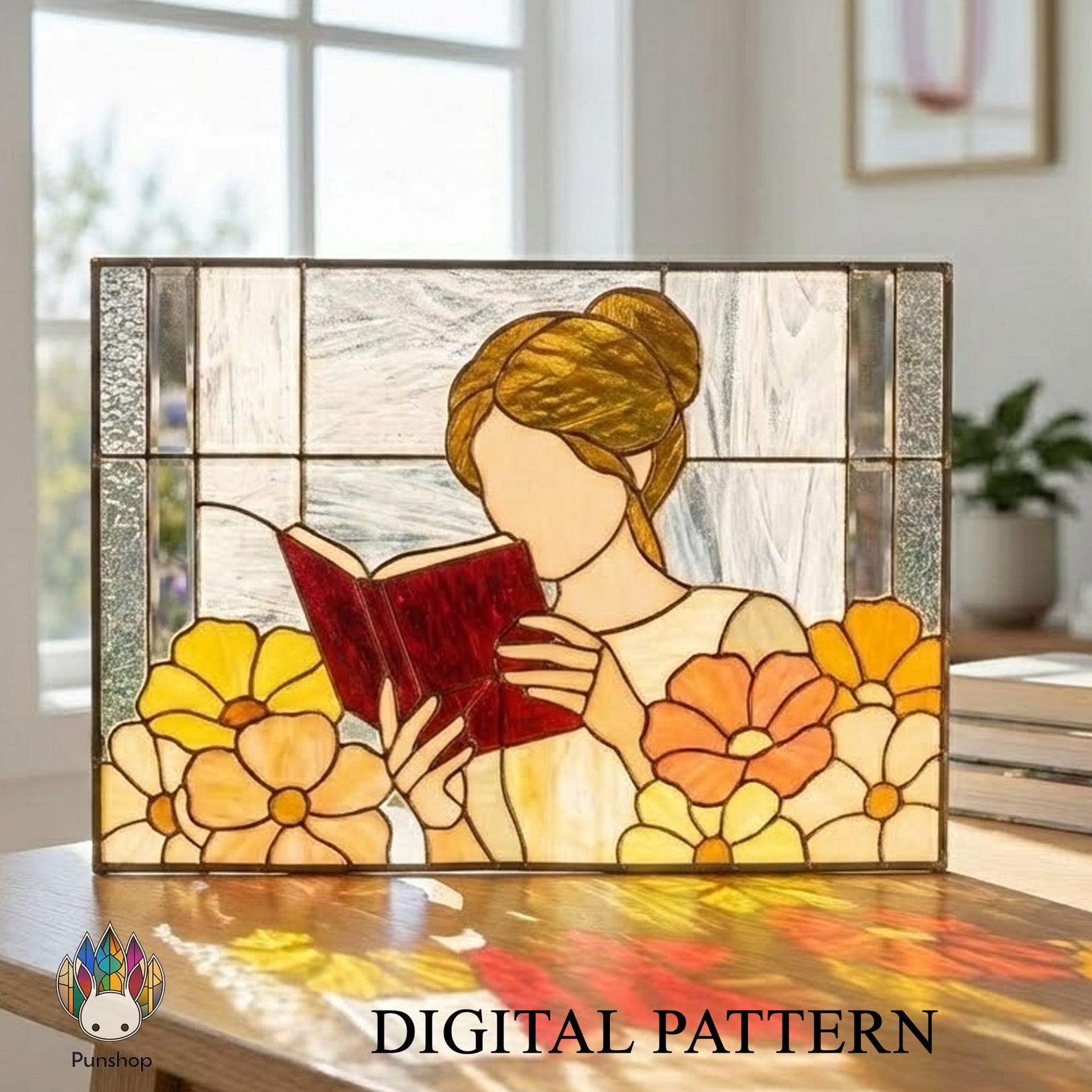 PUN818 Girl Reading Book Stained Glass Pattern, Floral Window Panel ...