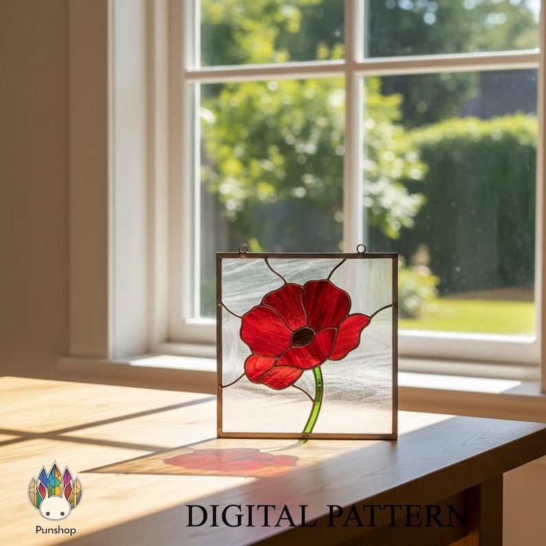 PUN834 Red Poppy Stained Glass Pattern, Floral Window Panel Template ...