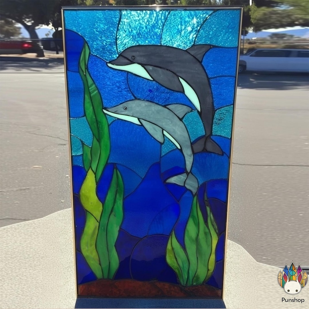 PUN705 Dolphin Stained Glass Panel – Ocean Sea Life Window Hanging ...