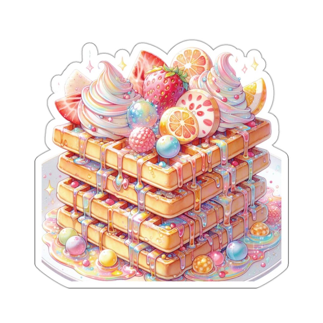 Waffle Stickers - Whimsical Golden Waffle Stack With Whipped Cream ...