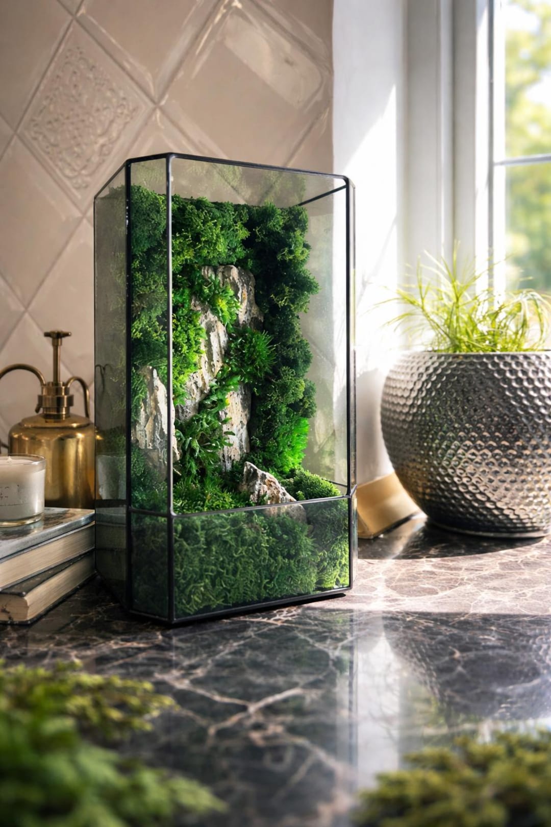 Geometric Moss Terrarium With Stone | Handmade Glass Decor | Zen Gift ...