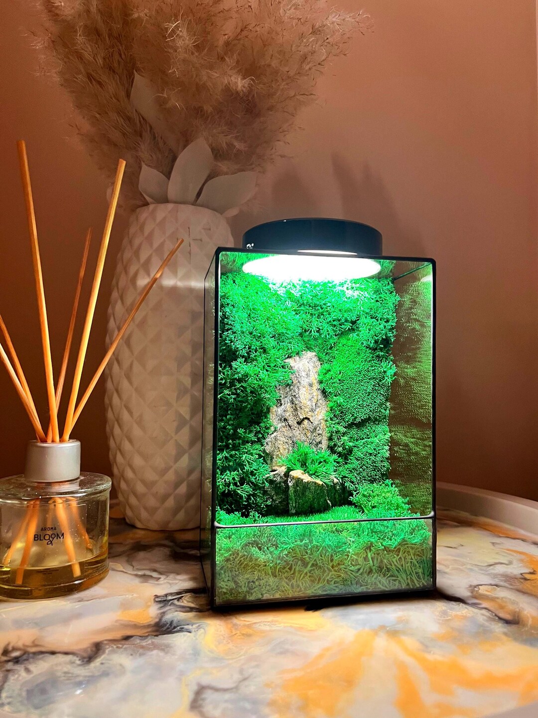 LED Moss Terrarium: Handmade Preserved Moss & Stone Landscape - Etsy