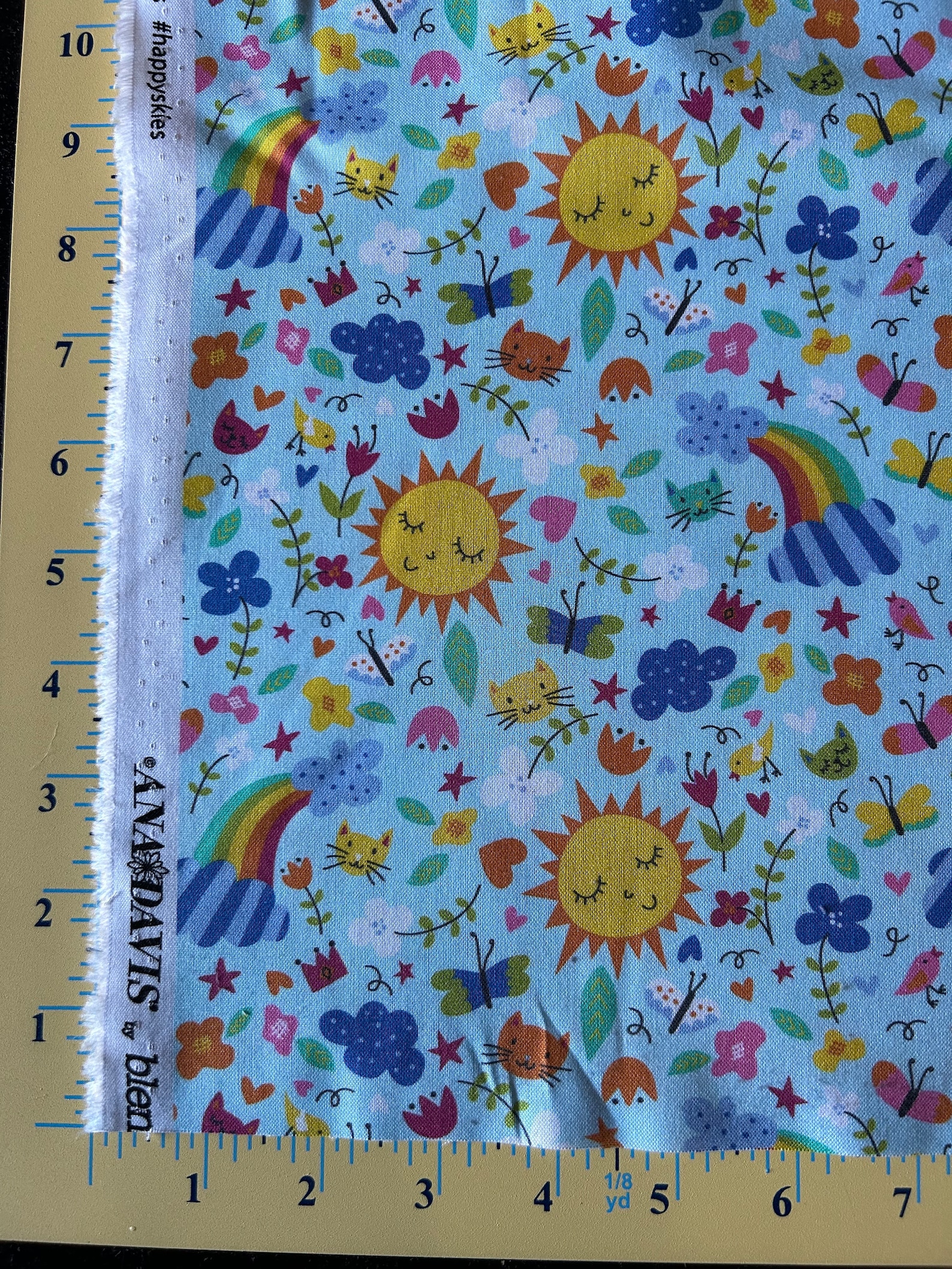 Happy Skies on Aqua Cotton Fabric, Spring Summer Sunshine and Rainbows ...