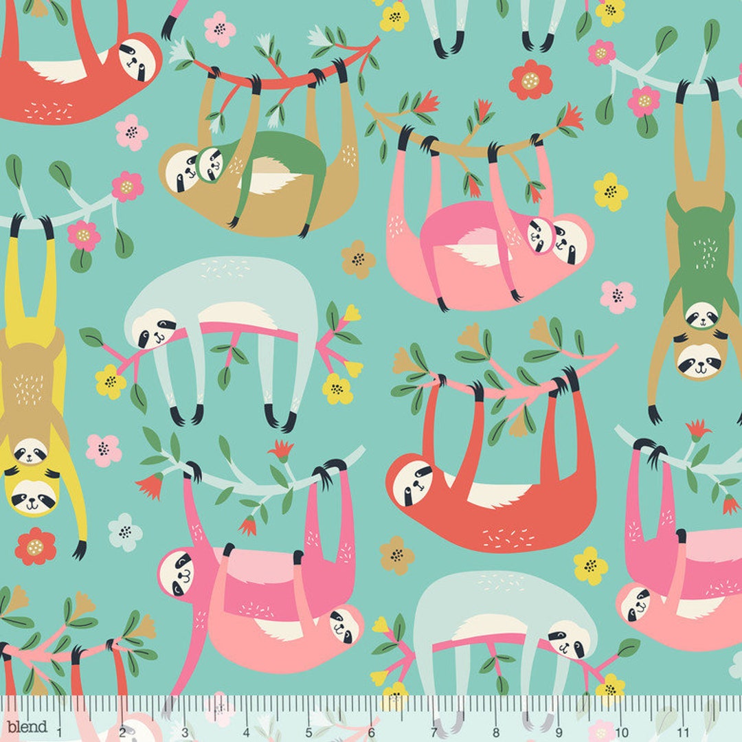 Tree Huggers Sloth on Aqua Cotton Fabric, Animal Sloths Hanging Around ...