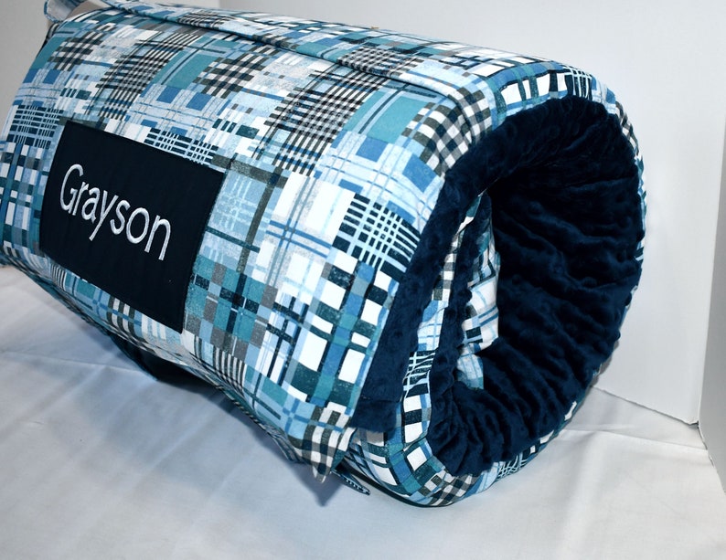 Boy Blue Madras Plaid Kids Nap Mat With Navy Minky Dot Blanket ...