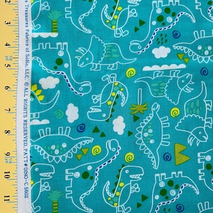 Chalkboard Dinosaurs on Turquoise Cotton Fabric, Prehistoric Jurassic ...