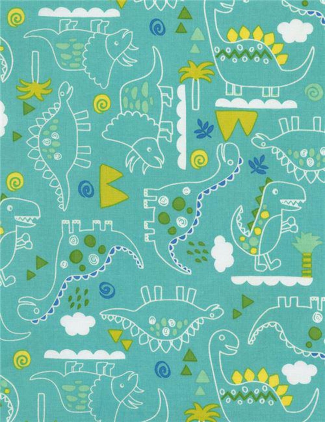 Chalkboard Dinosaurs on Turquoise Cotton Fabric, Prehistoric Jurassic ...