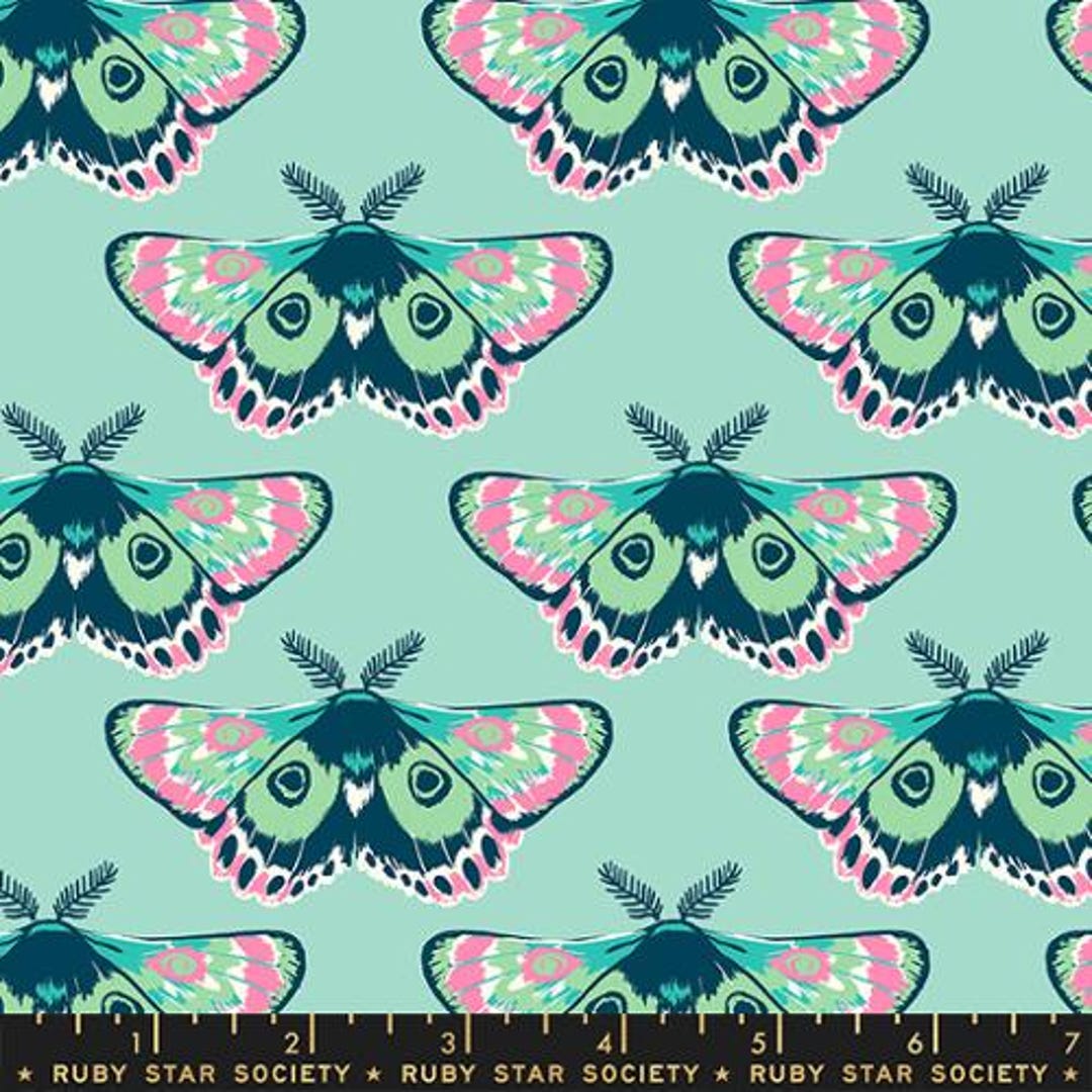 Firefly Frost Cotton Fabric, Aqua Pink Flutter Glow Moth Novelty ...