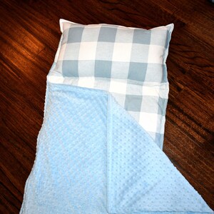 Light Blue Buffalo Plaid Kids Nap Mat With Light Blue Minky Dot Blanket ...