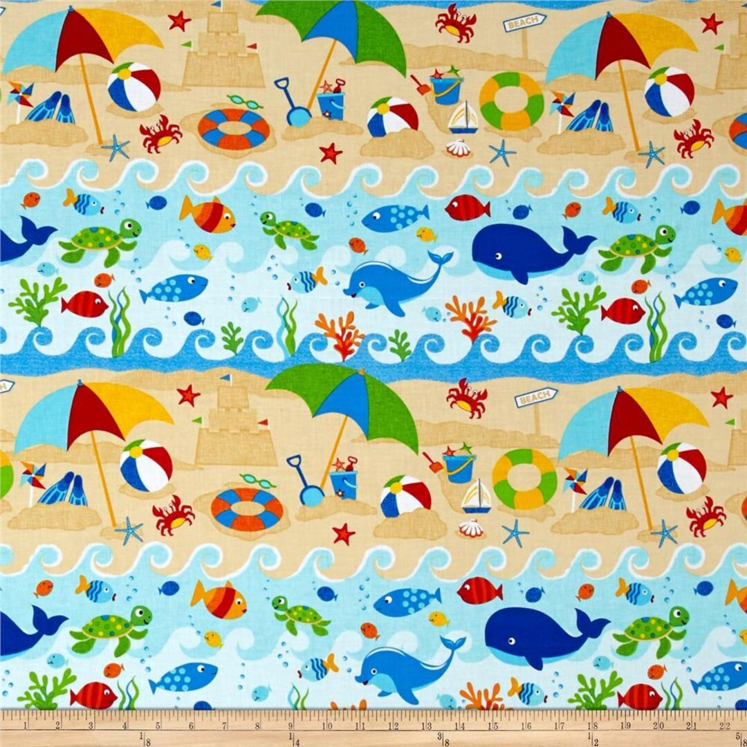 Fun at the Beach Multi Cotton Fabric, Beach Sand Castle Fish Whale ...