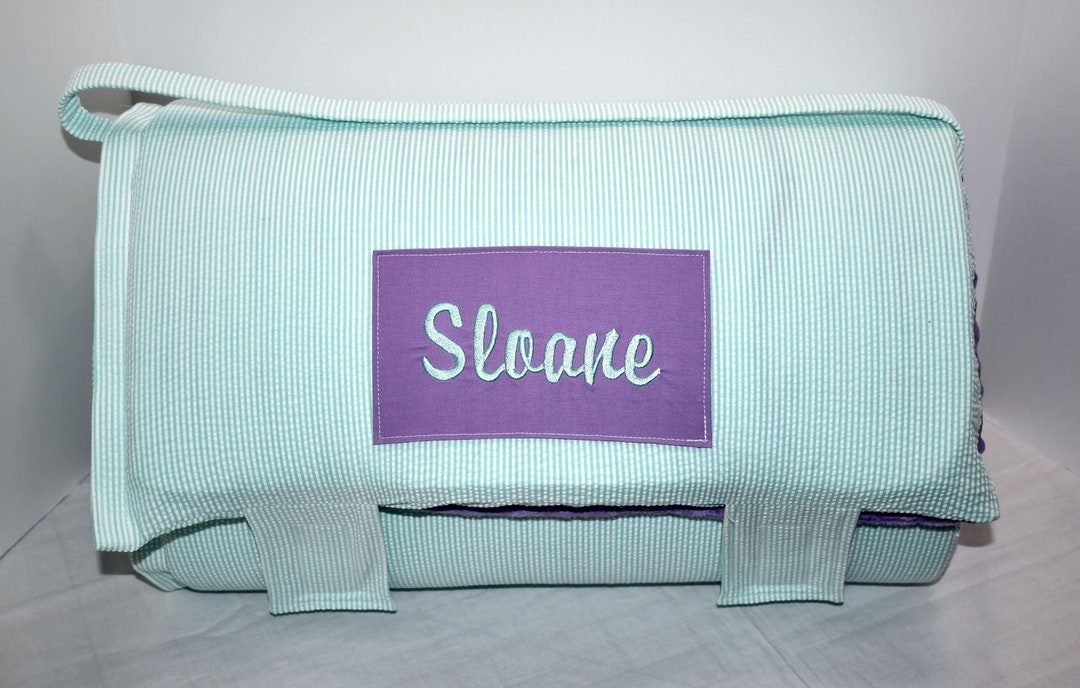 Mint Green Seersucker Stripe Memory Foam Kids Nap Mat With Purple Minky ...