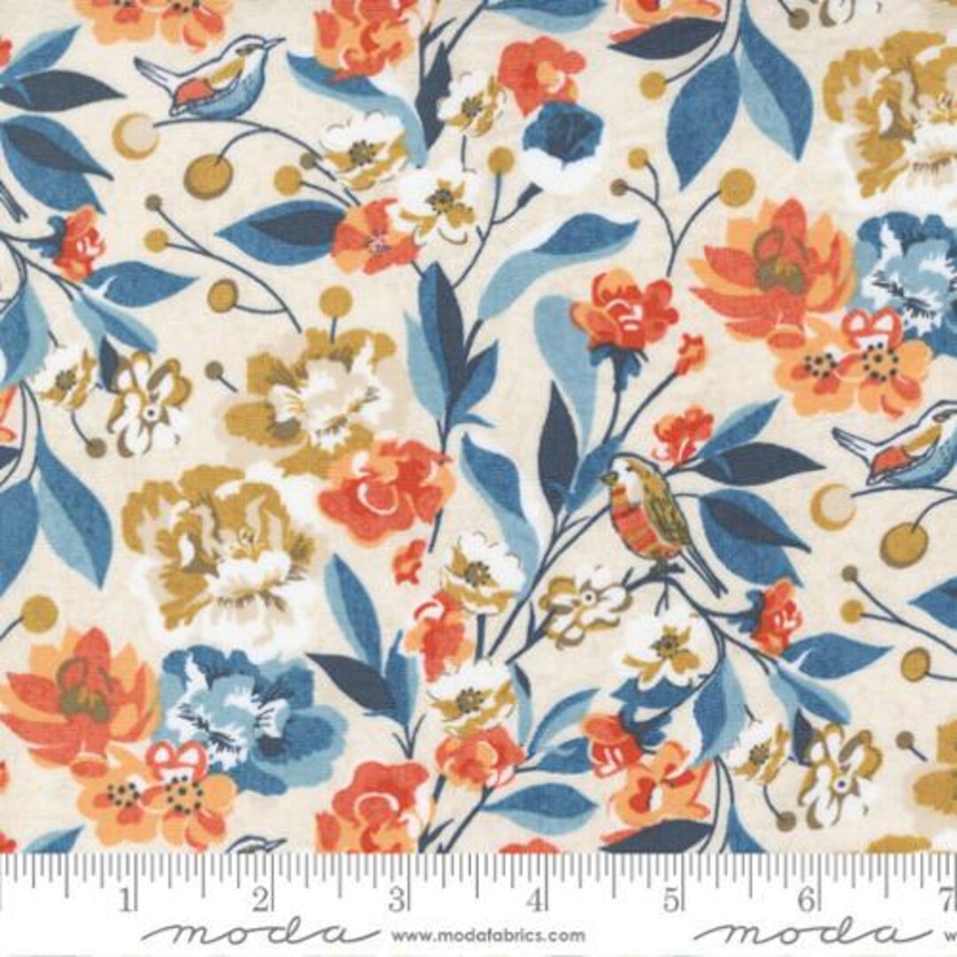 Nutmeg Meringue Cotton Fabric, Cornucopia Large Floral Birds Daisy ...