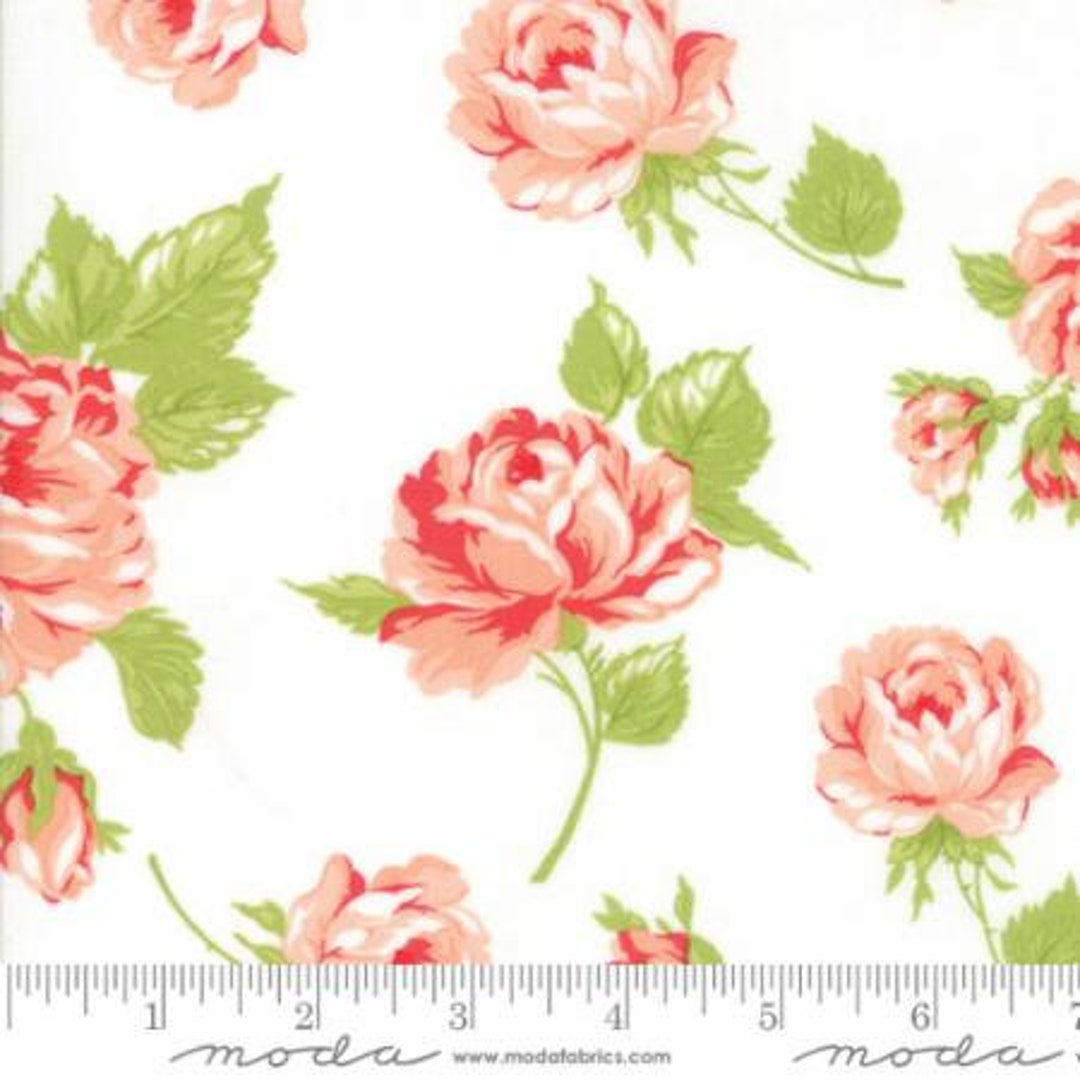 Smitten Large Rose on White Cotton Fabric, Rosey Red Coral Blush Floral ...