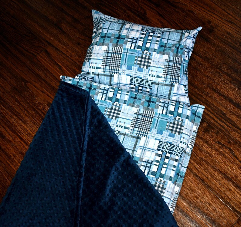 Boy Blue Madras Plaid Kids Nap Mat With Navy Minky Dot Blanket ...