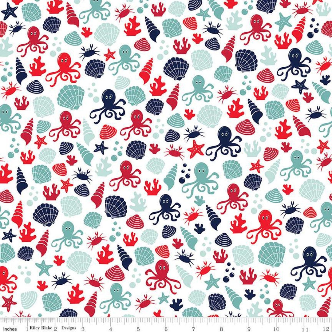 Deep Blue Sea Shells on White Cotton Fabric, Nautical Beach Fun ...