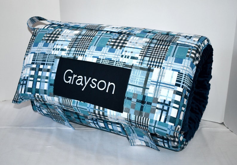 Boy Blue Madras Plaid Kids Nap Mat With Navy Minky Dot Blanket ...