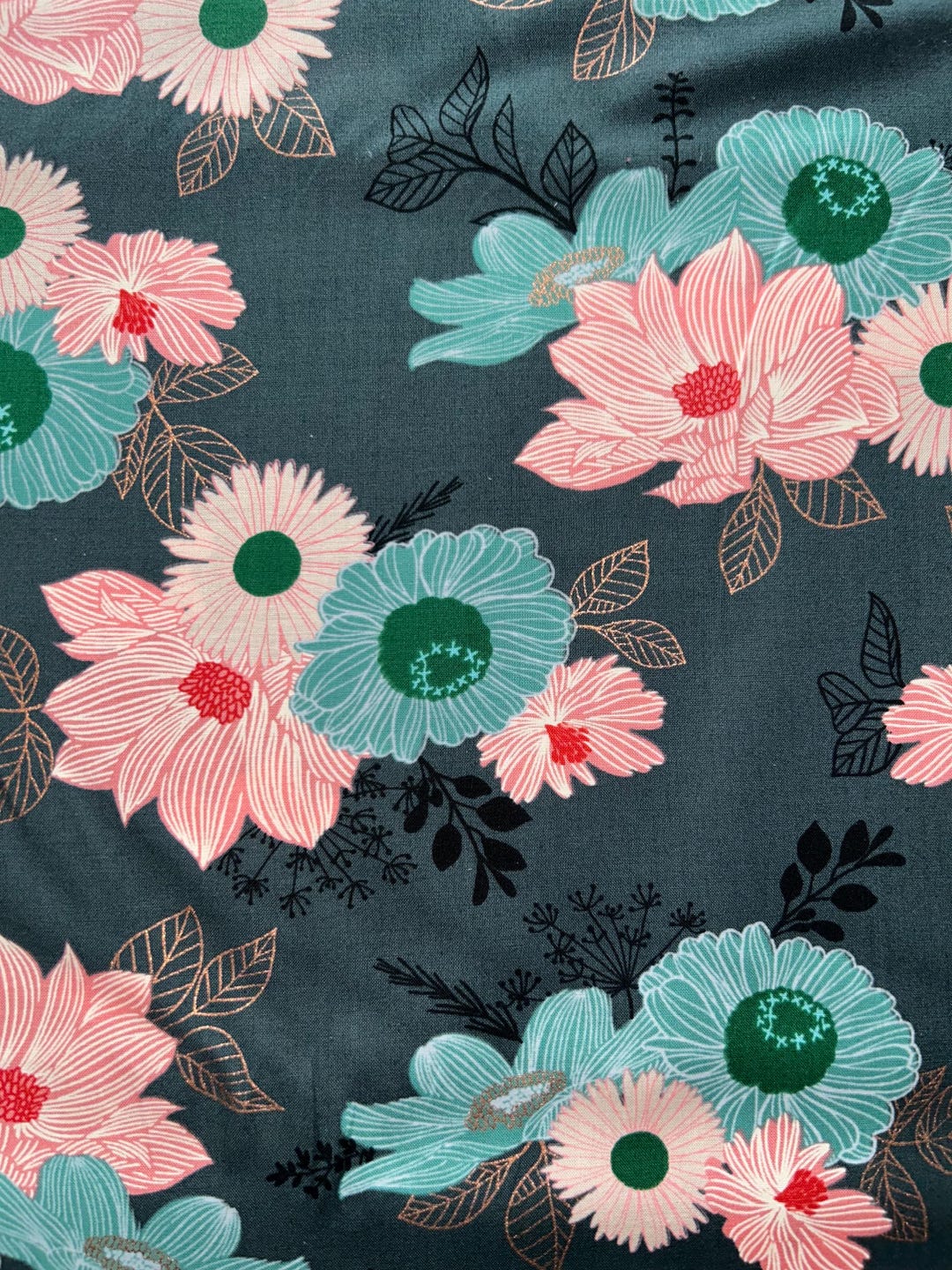 Elixir Metallic Smoke Cotton Fabric, Rose Gold Floral Flower Garden ...