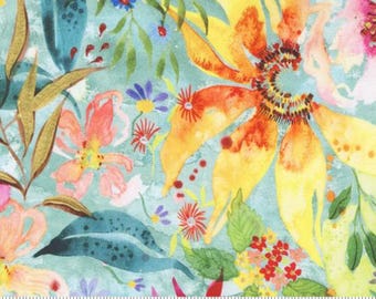 Nutmeg Meringue Cotton Fabric, Cornucopia Large Floral Birds Daisy ...
