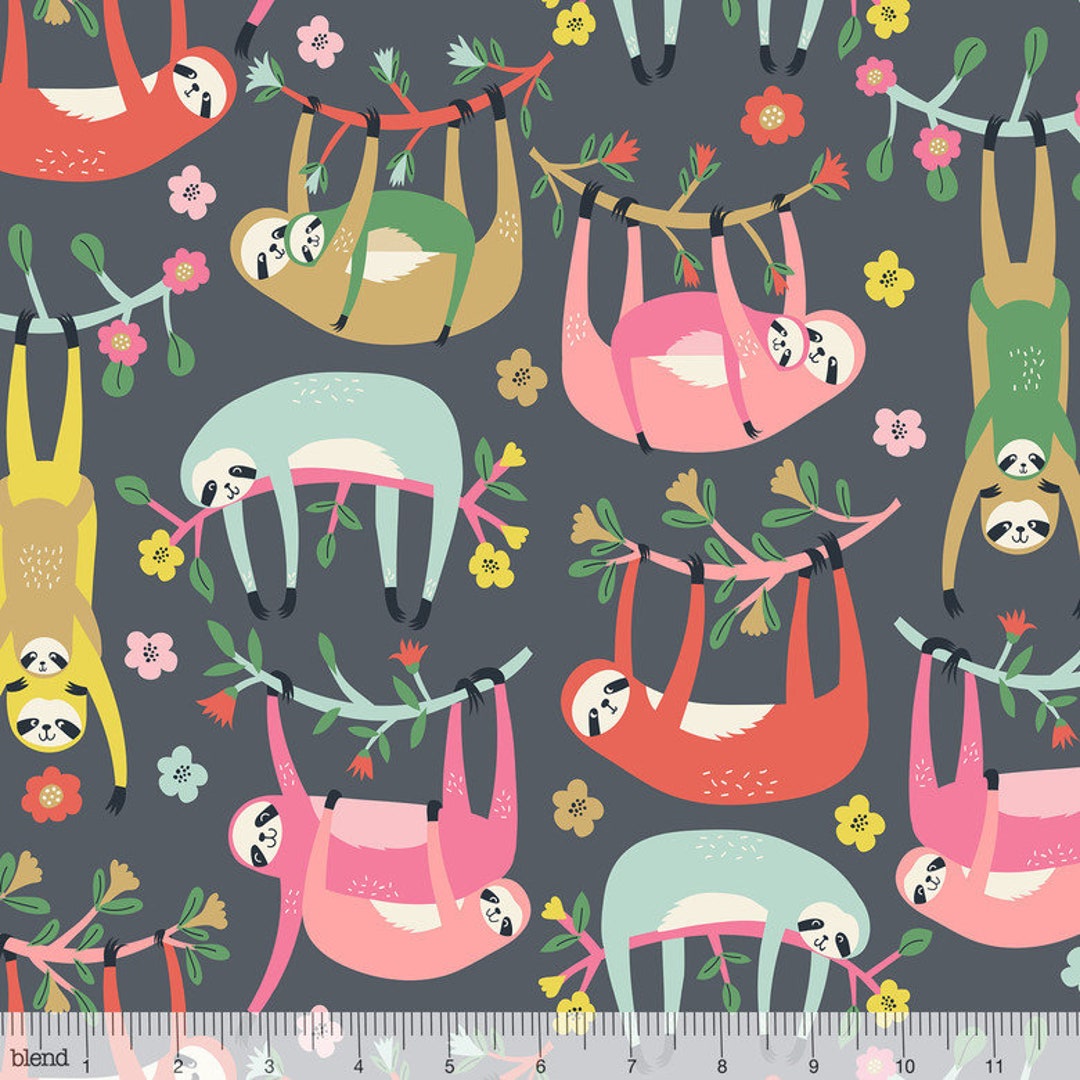 Tree Huggers Sloth on Grey Cotton Fabric, Animal Sloths Hanging Around ...