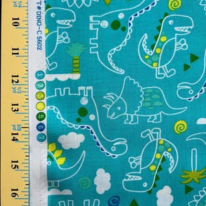 Chalkboard Dinosaurs on Turquoise Cotton Fabric, Prehistoric Jurassic ...