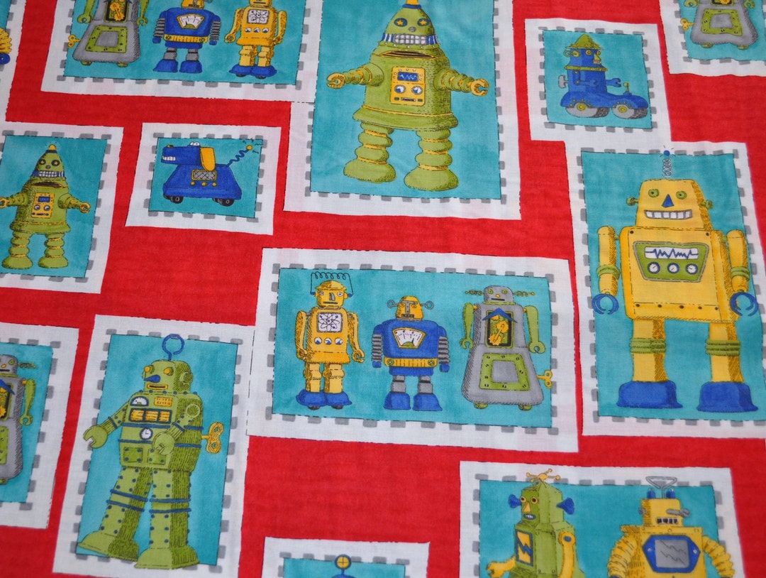 Robotics in Red Cotton Fabric , Retro Robot Monster Novelty Fabric, 1 ...