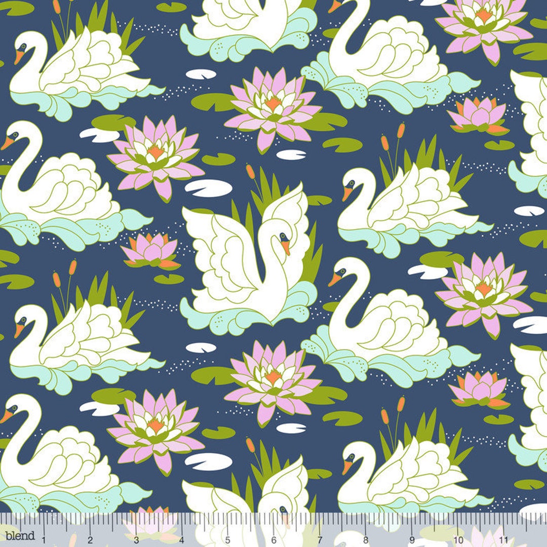 Harmony Swan Waltz on Navy Cotton Fabric, Swan Lake Birds Flowers ...