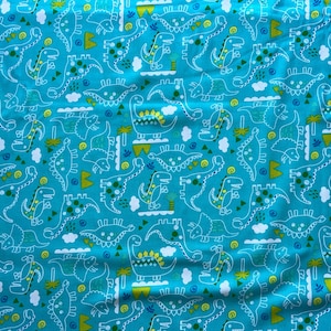Chalkboard Dinosaurs on Turquoise Cotton Fabric, Prehistoric Jurassic ...