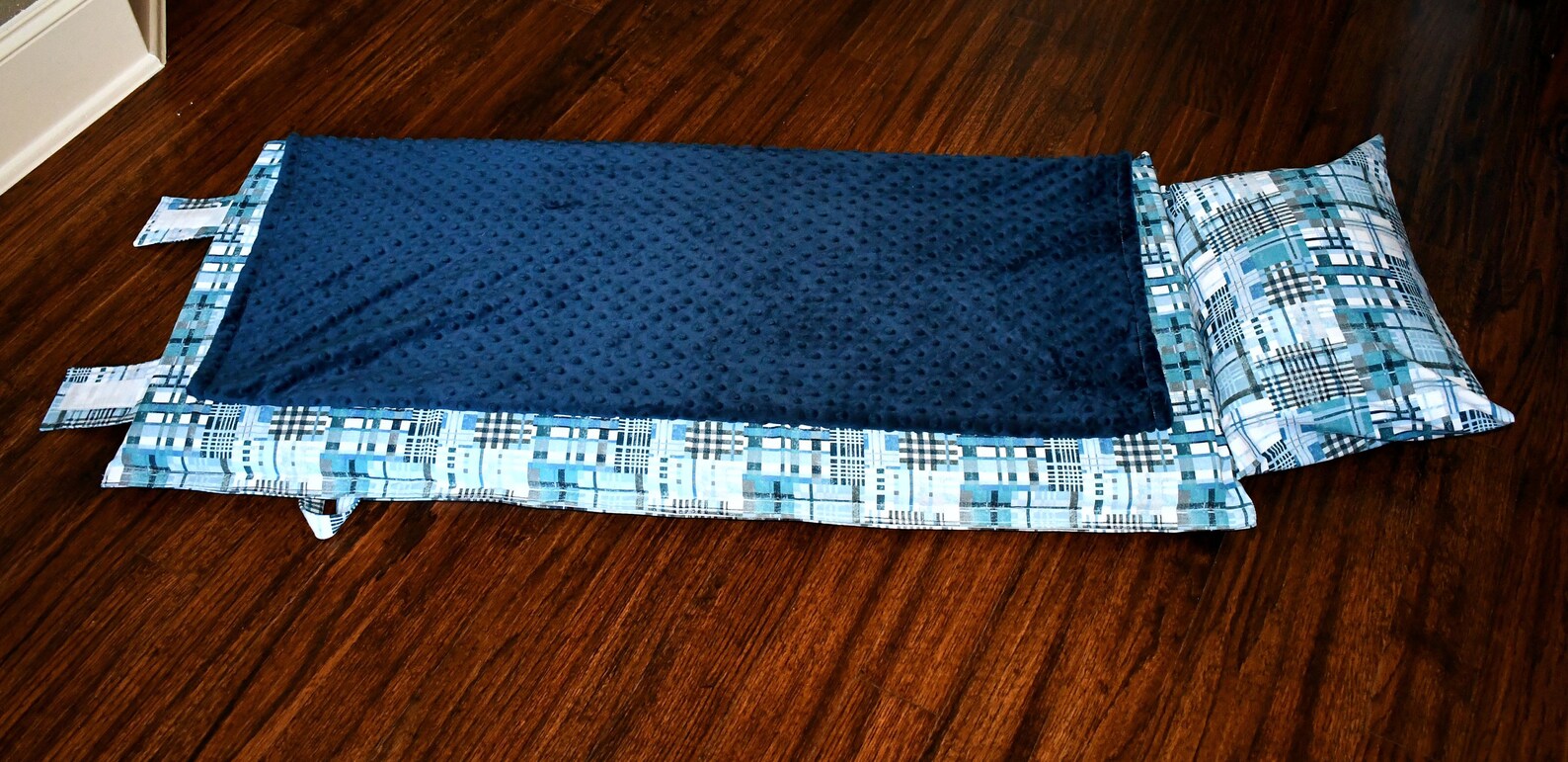 Boy Blue Madras Plaid Kids Nap Mat With Navy Minky Dot Blanket ...