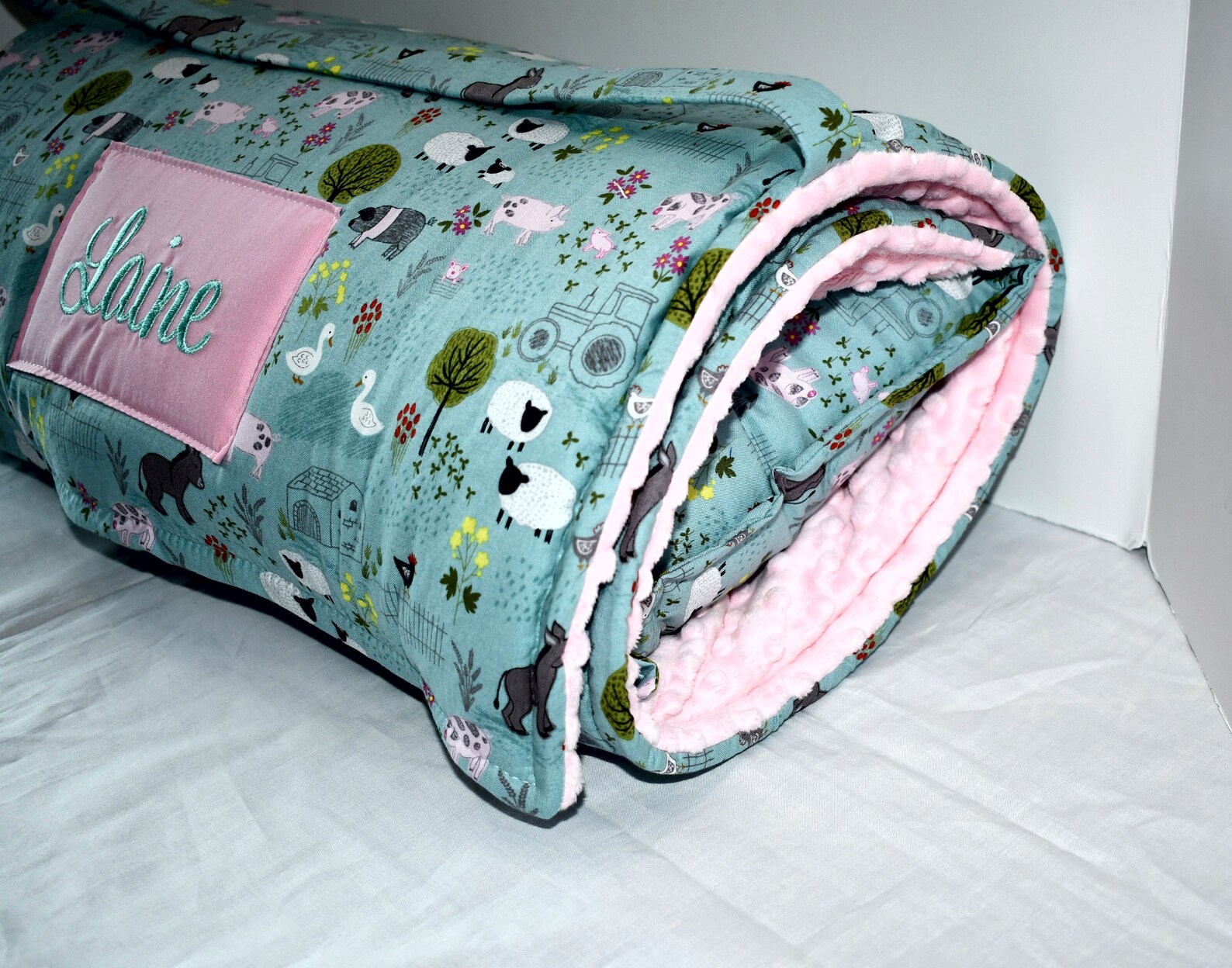 Fancy Farm Ranch Acre Piggy Tales Kids Nap Mat With Pink Minky Dot ...